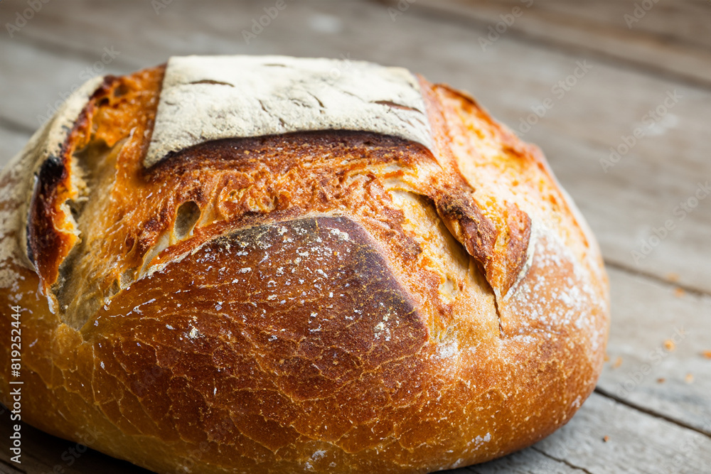 Bread. Close up of rustic bread loaf on wooden table. Baker or chef ...