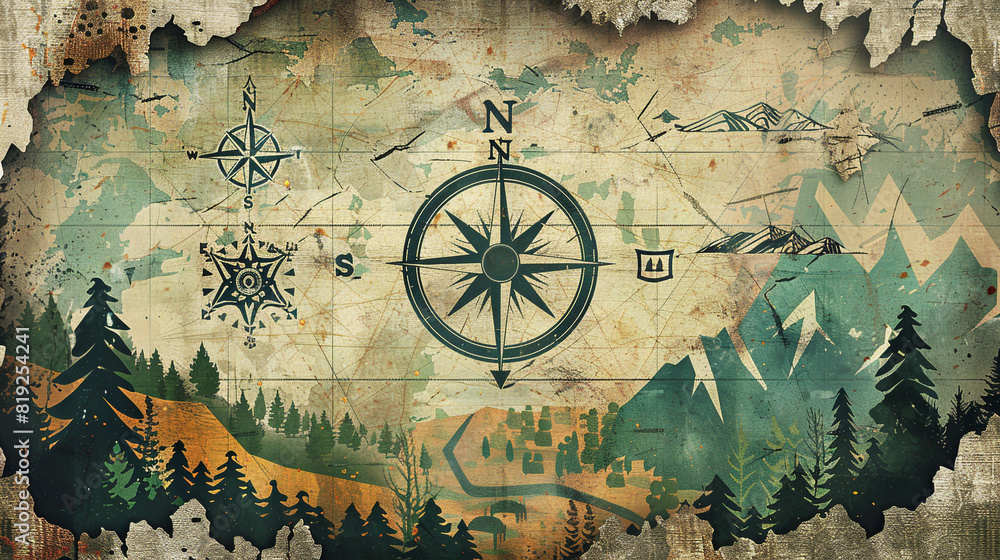Vector art of a compass rose embedded in a weathered map, surrounded by ...