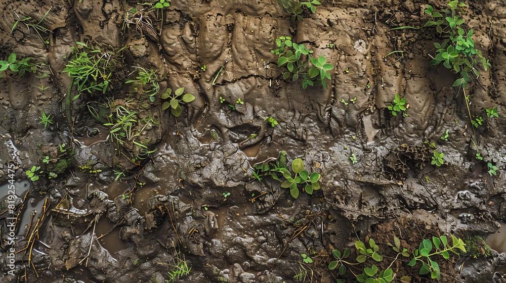 Riverbank with mud and vegetation, riparian zone, dark browns and ...