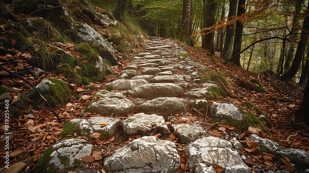 Stone path through a forest, worn smooth by footsteps, creating a ...
