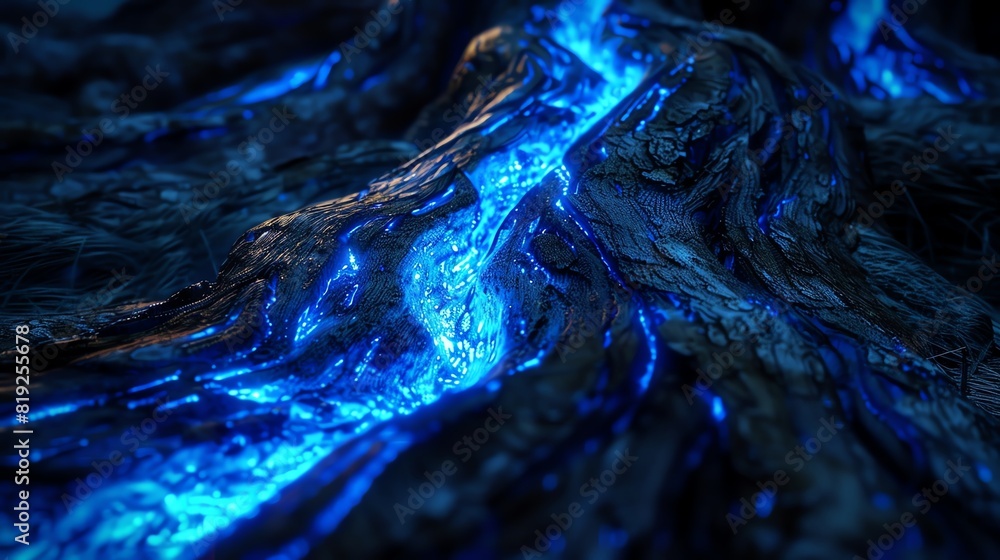 Tree bark with bioluminescent patterns glowing in the dark, creating a ...