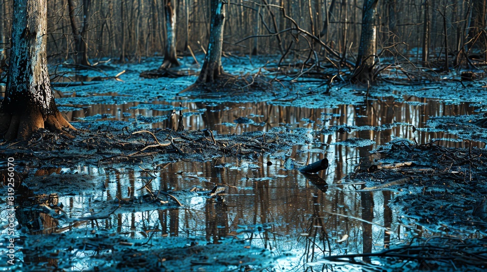 Waterlogged soil with standing water, wetland area, dark browns and ...