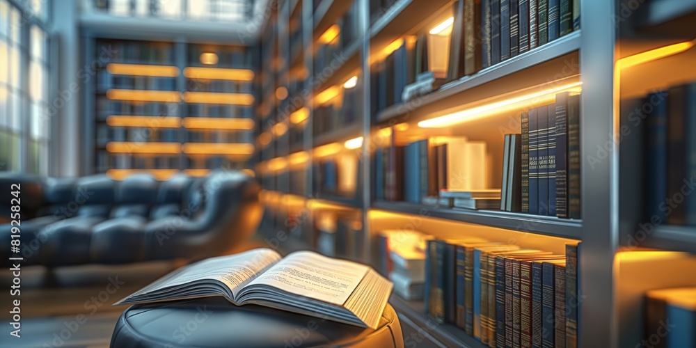 Cozy library interior featuring an open book on a table, illuminated shelves, and comfortable ...