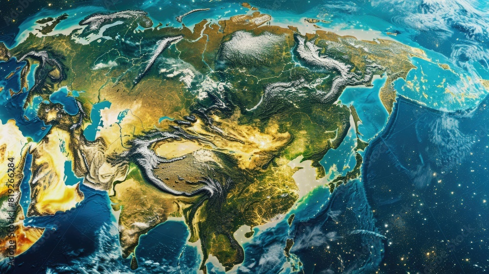 Physical map of Eurasia, Europe and Asia. Flattened satellite view of ...