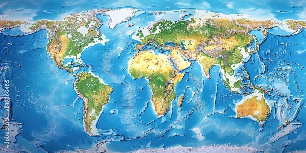 Physical map of the World, with high resolution details and land ...