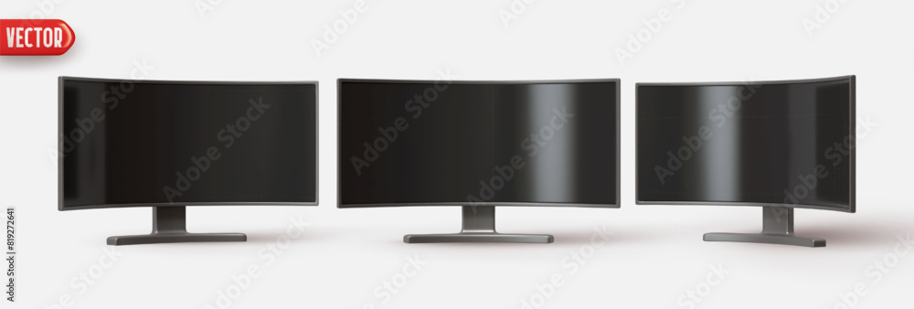 Computer monitor style model modern curved screen. Set of realistic 3d ...
