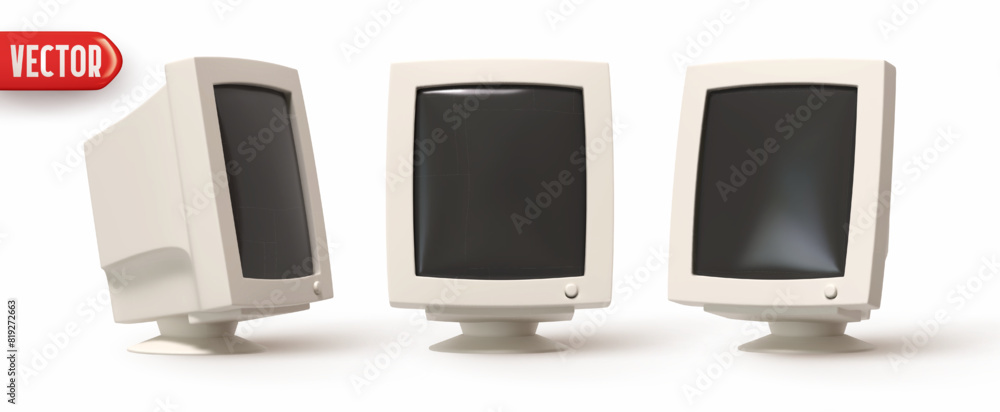 Computer monitor style model 90s. Set of realistic 3d rendering desktop ...