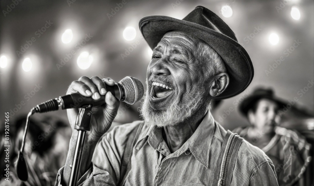 b&w illustration of an an older blues singer singing a song on stage ...