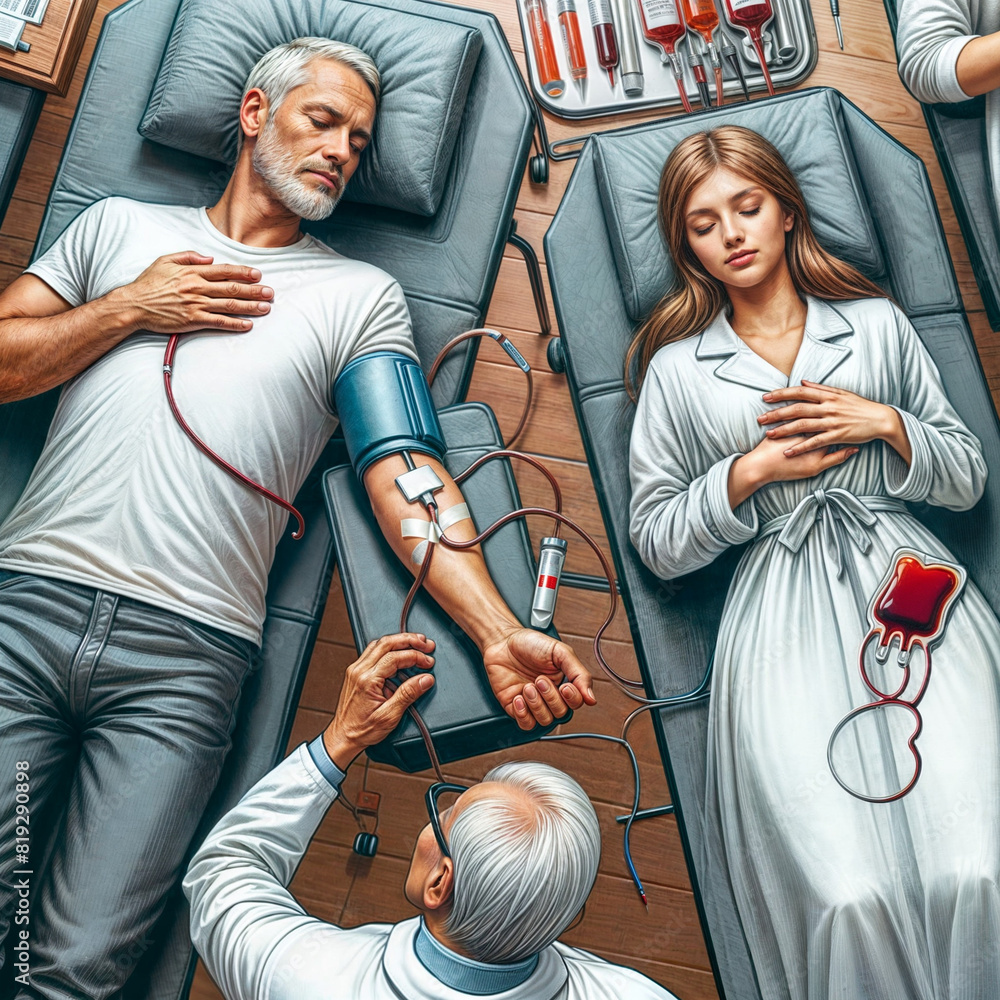 Blood donation. Man and woman blood donors with bandage after giving ...