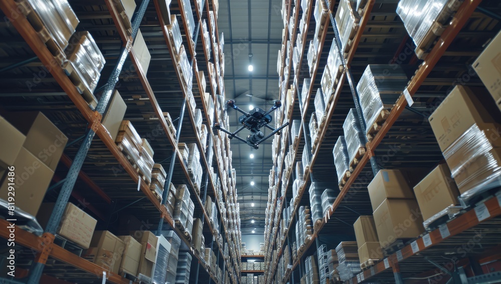 drones hovering over aisles in a warehouse, diligently scanning ... drones hovering over aisles in a warehouse, diligently scanning ...