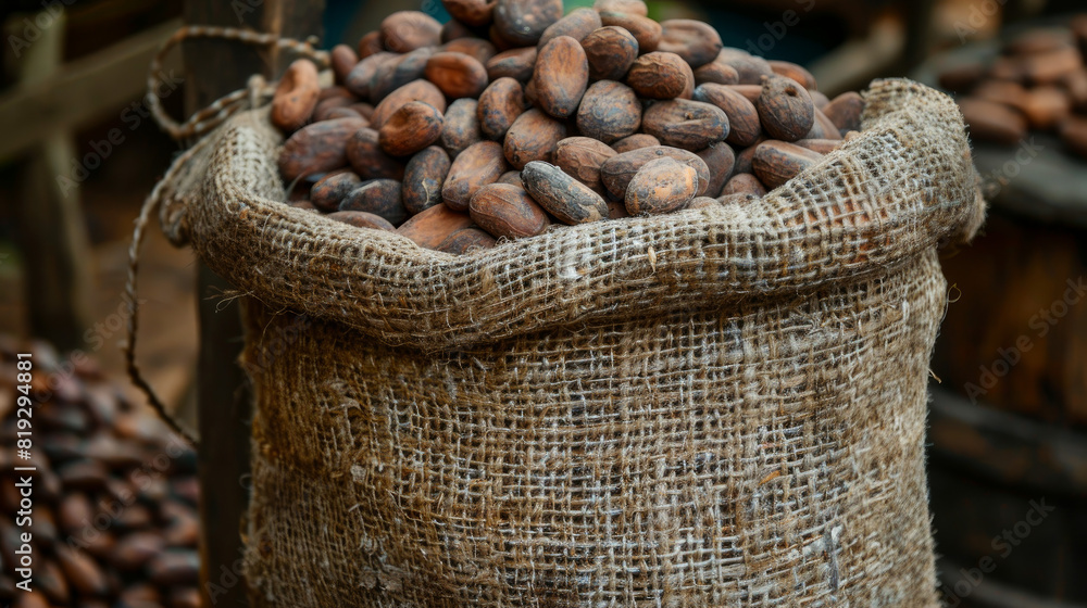 Cacao beans, the seeds of the cocoa pod, are stored in a sack. Stock ...