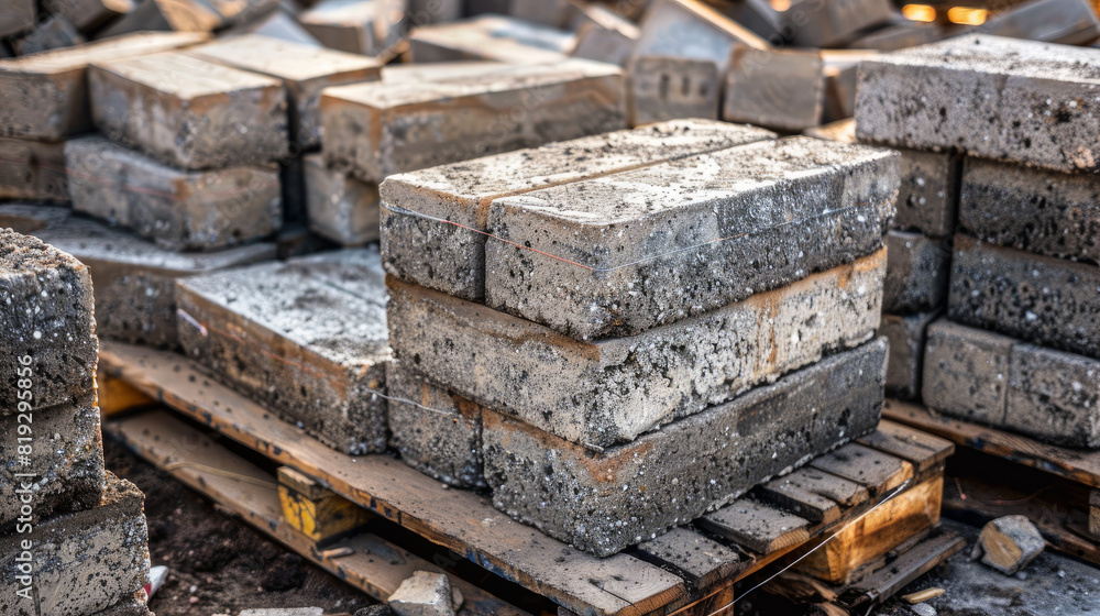 Grey concrete blocks, shaped like bricks, arranged on a pallet. These ...