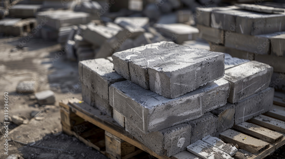 Grey concrete blocks, shaped like bricks, arranged on a pallet. These ...