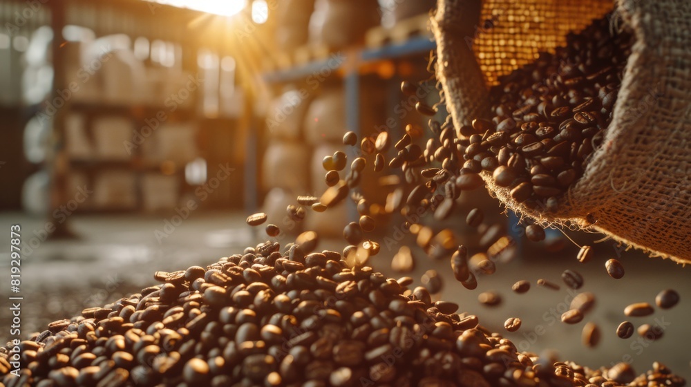 Raw coffee pouring from a handful in a bag, against background of a ...