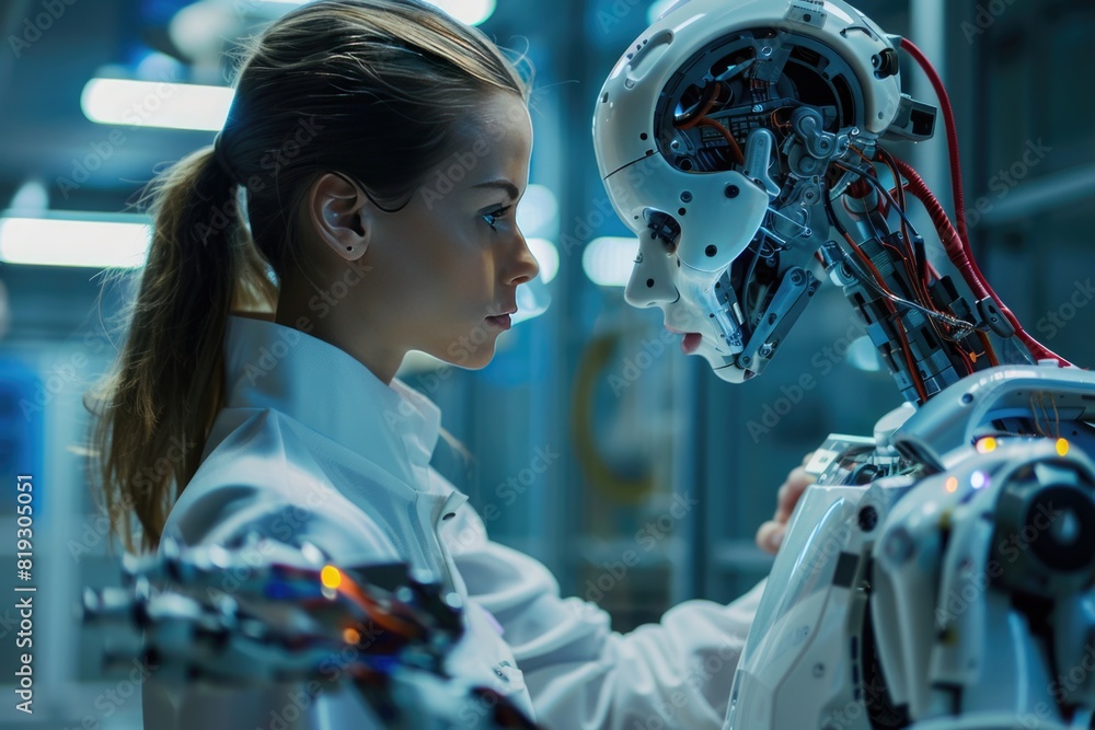 Robotic engineer working on developing a human-robot cyborg ...