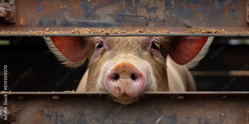 Sad pig looking through gap in steel gate Stock Illustration | Adobe Stock