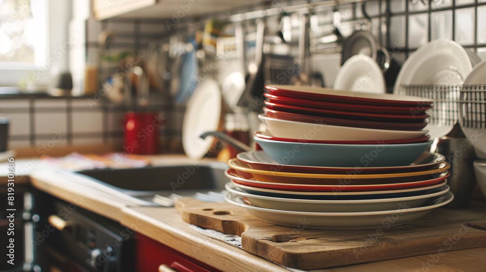Stack of colorful plates. A stack of clean, colorful plates on a ...
