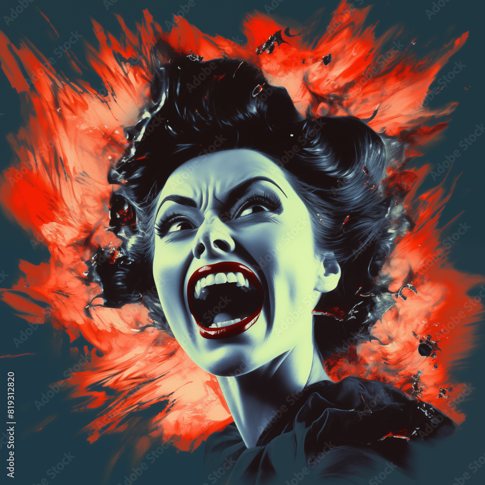 A woman with a furious expression, mouth wide open in a scream, eyes ...