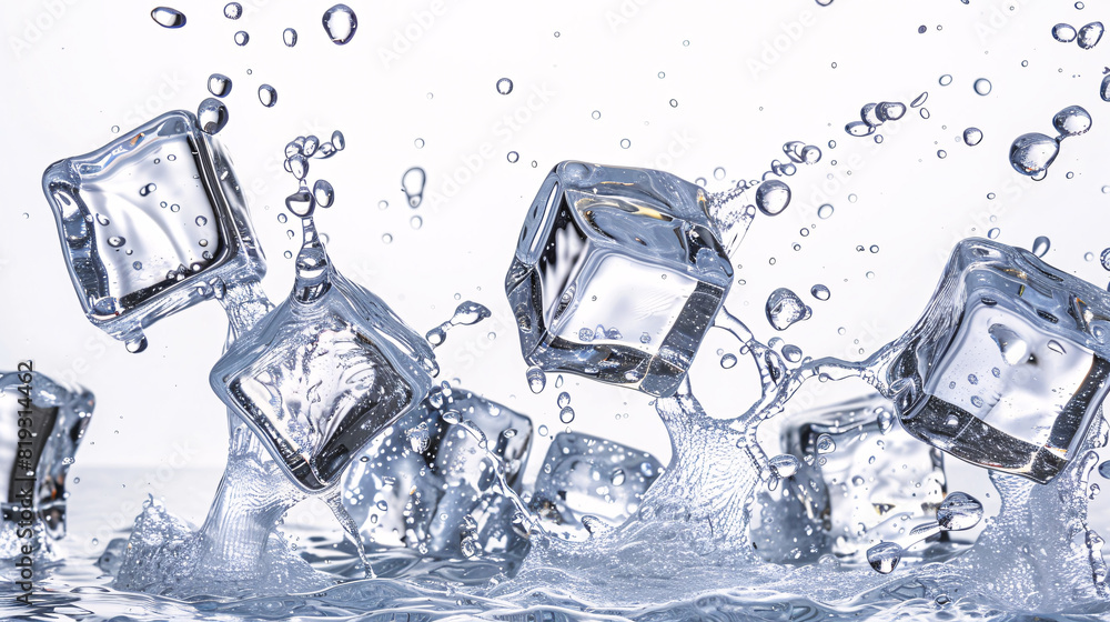 Ice cubes splashing into water. Crystal clear ice cubes splash into a ...