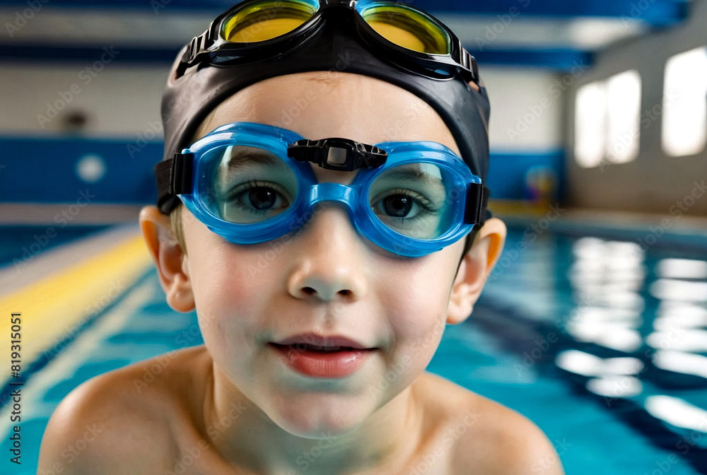Portrait of child swimmer 5 year old in swim goggles and hat posing in ...