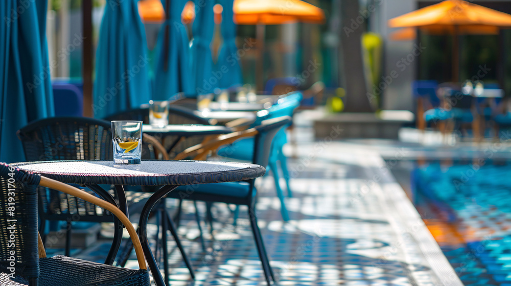 outdoor café with empty tables by the pool. A serene outdoor café ...
