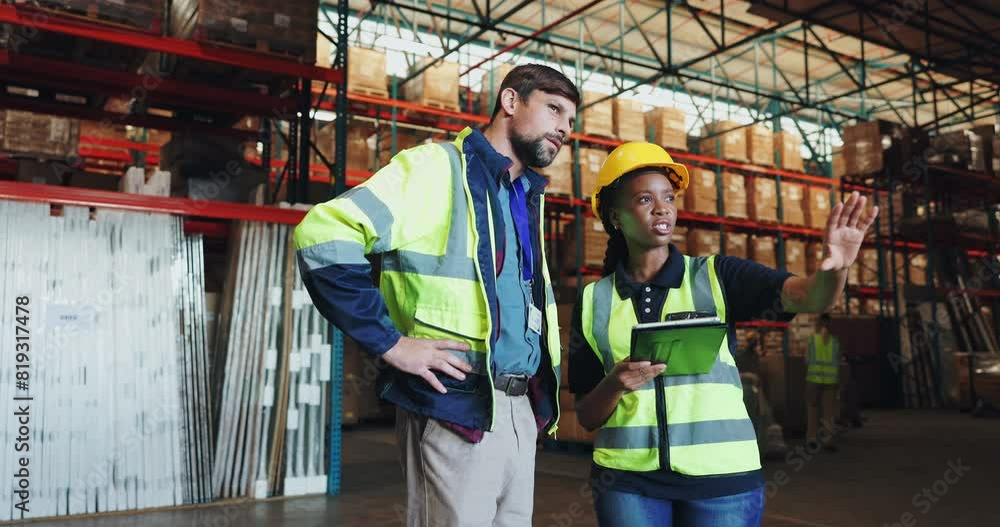 Warehouse, tablet and engineering people planning with logistics, e ...