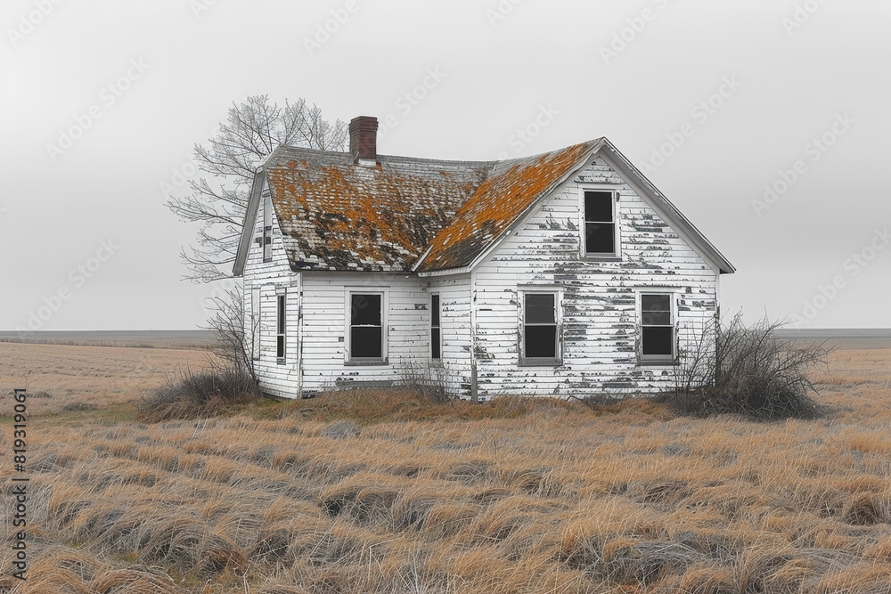 A dilapidated farmhouse sagging under the weight of years, its paint peeling and its roof ...