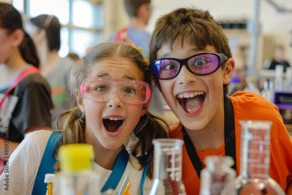 Excited kids attending a science fair, showcasing their projects and ...