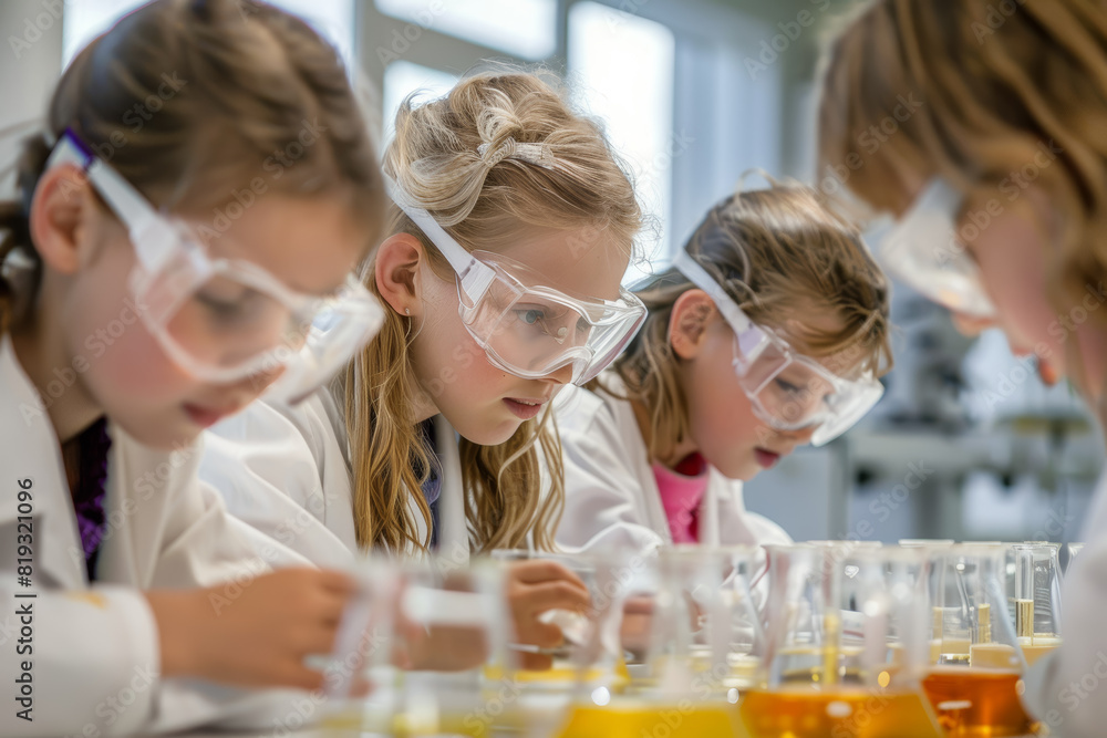 Enthusiastic children conducting experiments in a laboratory, donning ...