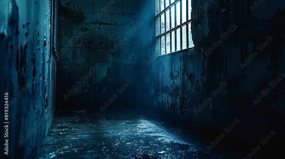Empty, dilapidated room with barred window. The eerie image captures an ...