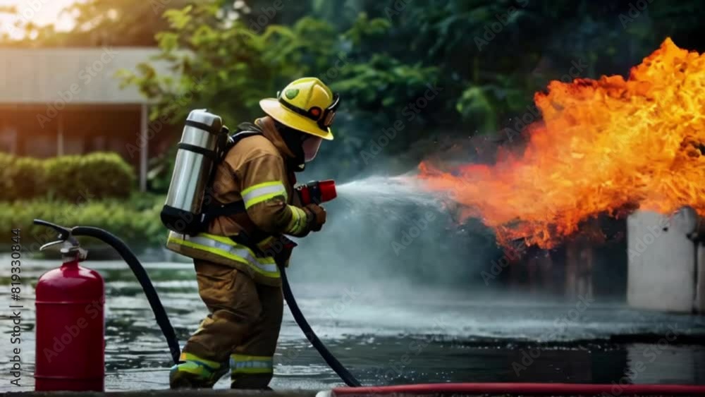 fireman using water and extinguisher to fighting with fire flame in an ...