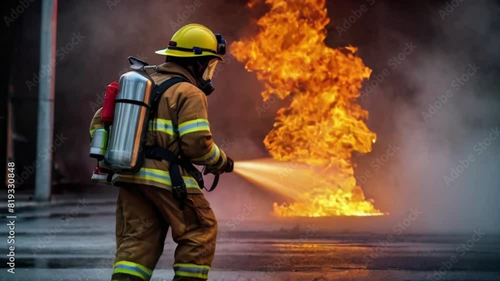 fireman using water and extinguisher to fighting with fire flame in an ...
