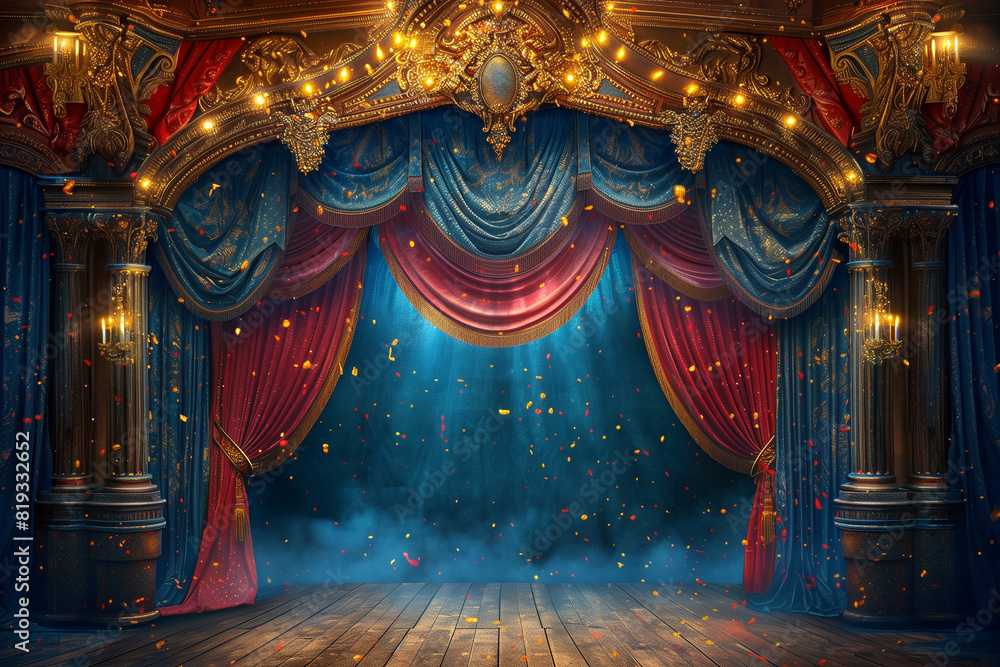 interior design, empty ornate vintage theater stage with red and blue ...
