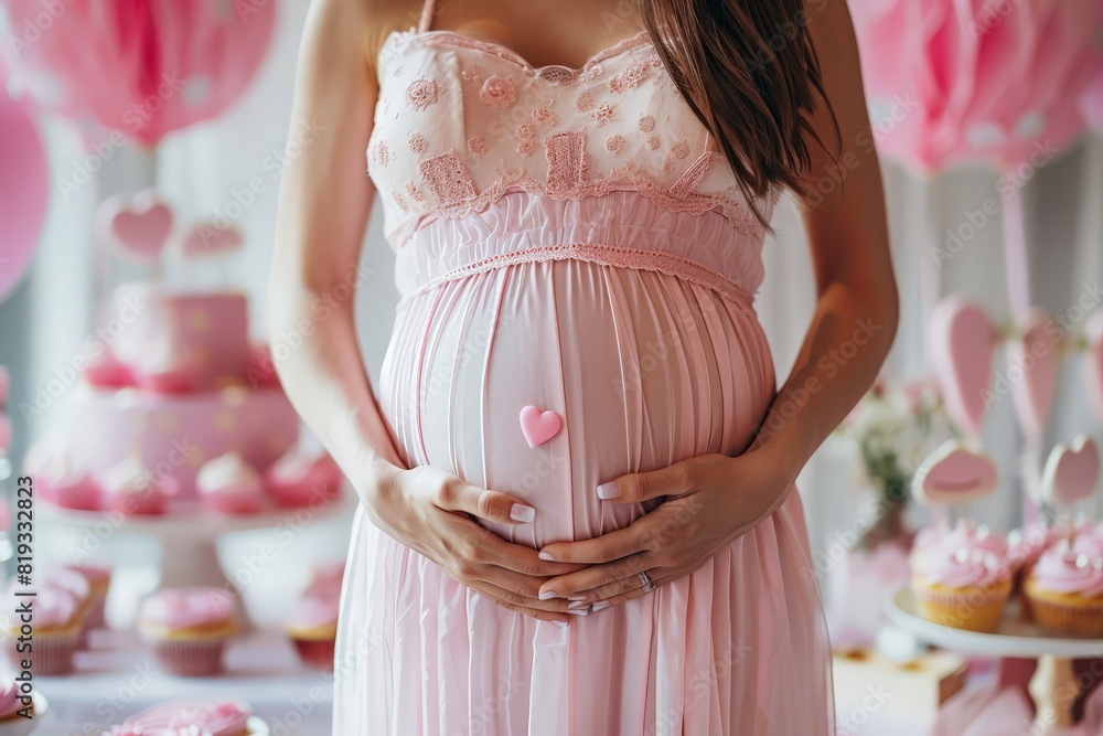 Photo of pregnant woman's belly, baby shower party in pink color. Girl ...