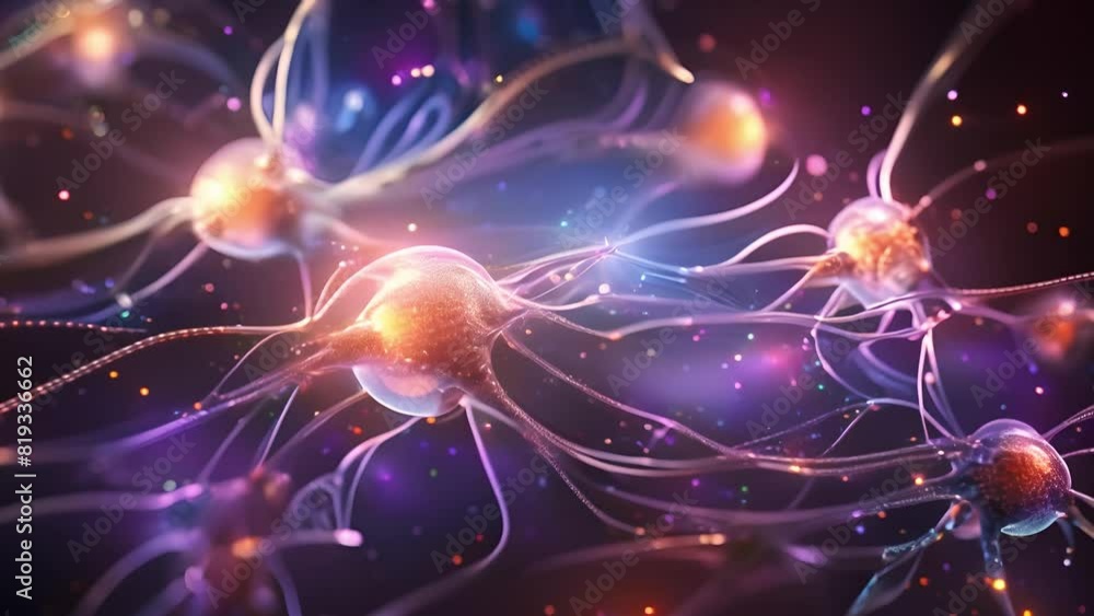 Neurons cells concept. Microscope view of nervous system. Close up of ...