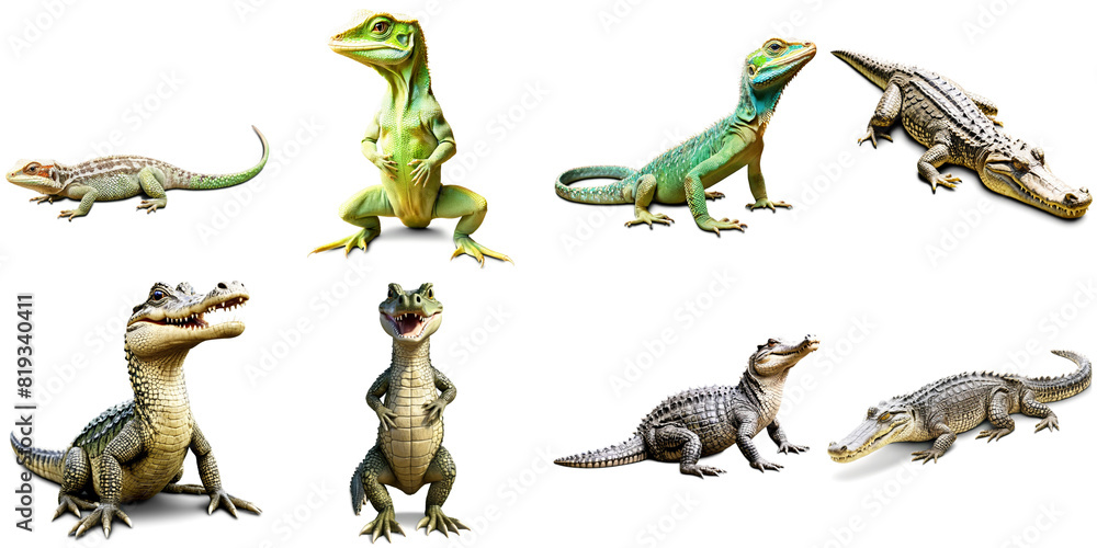 A set of different types and sizes of lizards and alligators, PNG with ...
