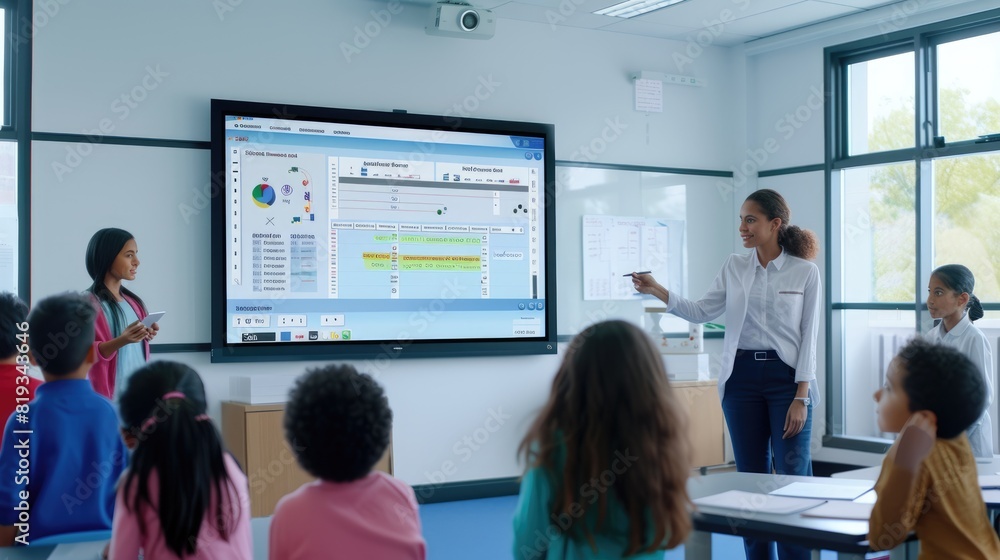 Portrait of teacher teaching about AI at digital classroom ...