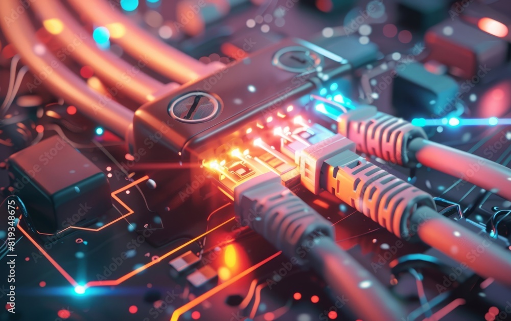 Ethernet cables connected to a network switch, glowing lights visible. Stock Illustration ...