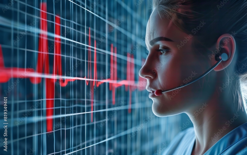 Female nurse analyzing a pulsating red EKG line on a grid background ...