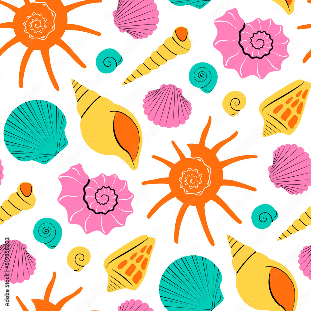 Seamless pattern with bright colorful Sea shells on white background in ...