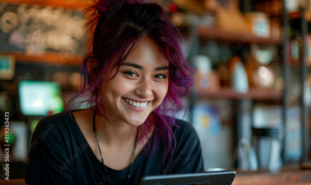 Happy young asian female teenage hospitality worker with purple hair ...