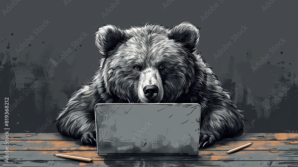 clear lines vector graphics of bear with Laptop, with hands tattoo text ...