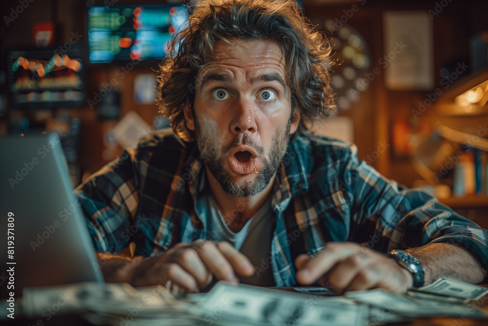 Stock Market Crash: Trader in Horror with Laptop, Cards, and Money ...
