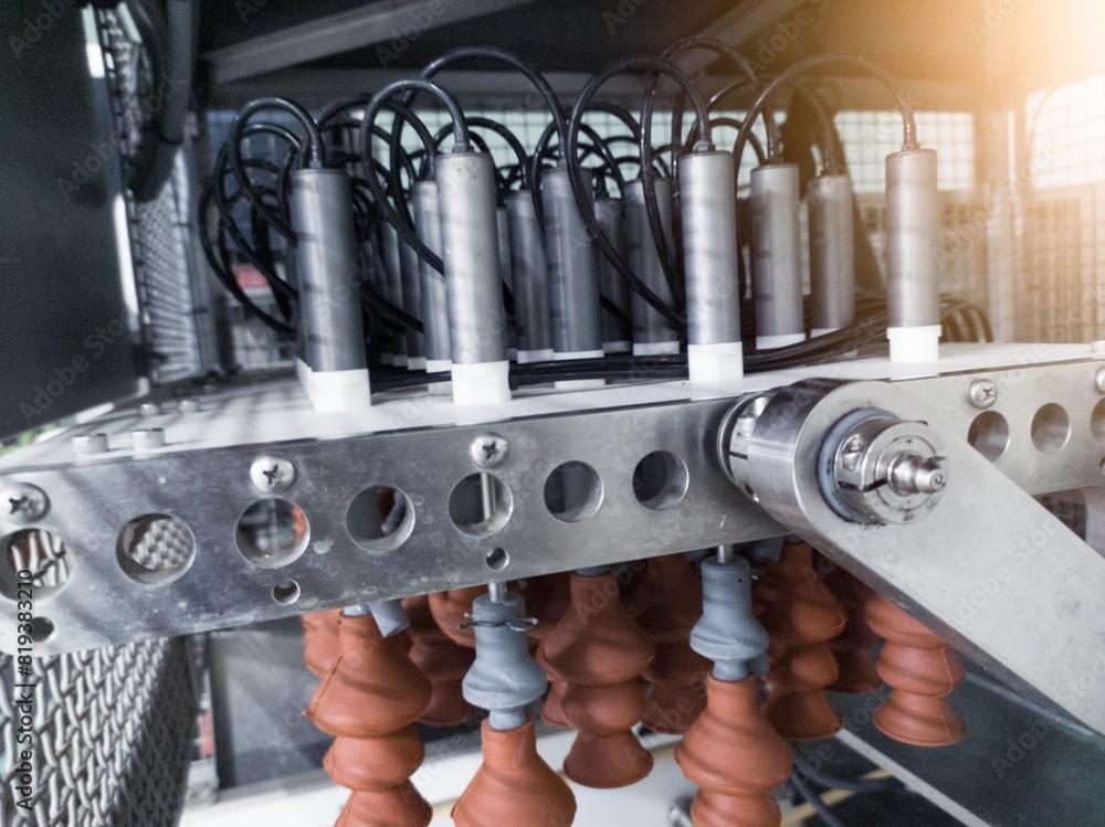 The suction cups eggs on the poultry hatchery machine for eggs candling ...