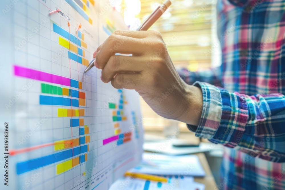 Businessman follow up progress of project work by using weekly gantt ...