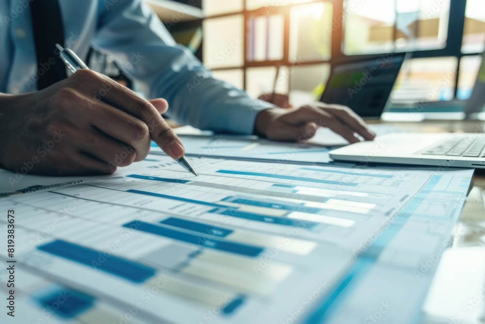 Businessman follow up progress of project work by using weekly gantt ...