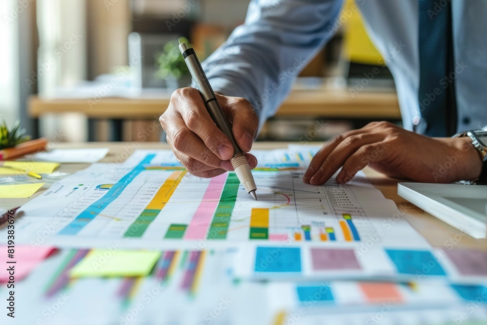 Businessman follow up progress of project work by using weekly gantt ...