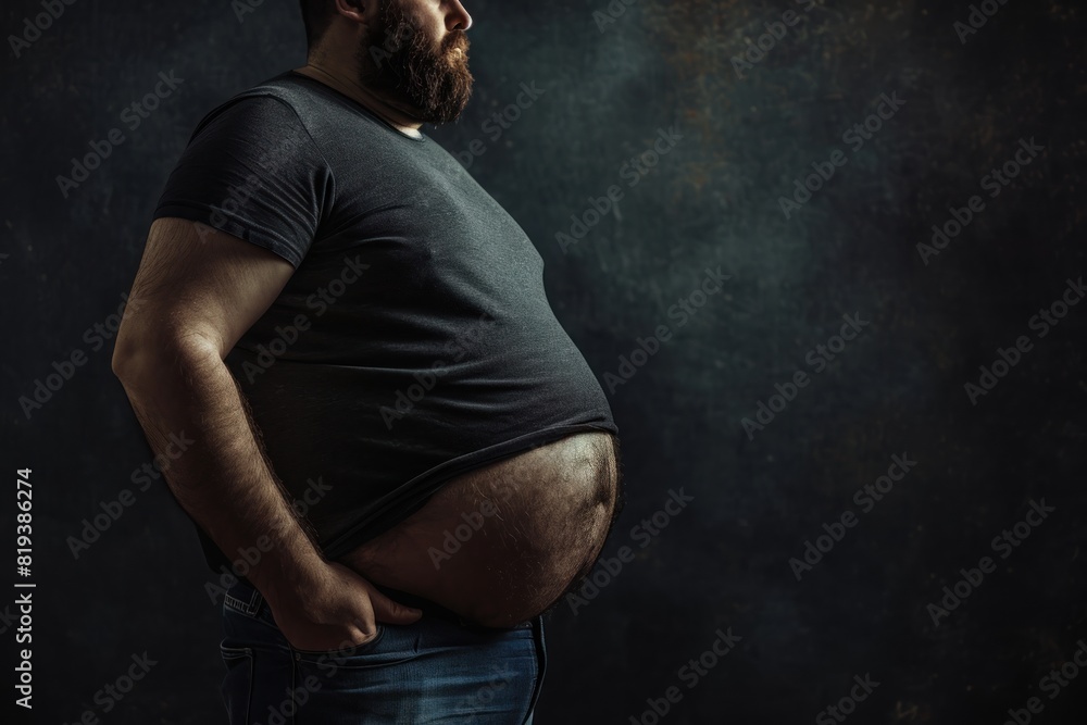 Fat man with big belly in front background with copy space. The concept ...