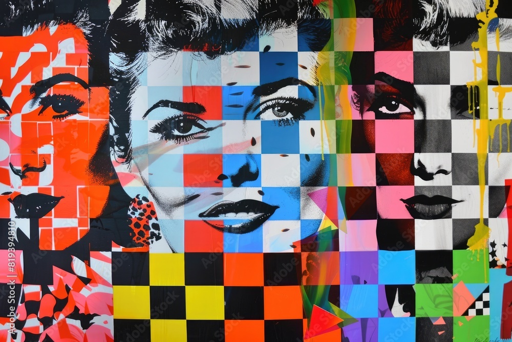 Nostalgic pop art collage: vibrant retro vibes, fusion of bold colors ...