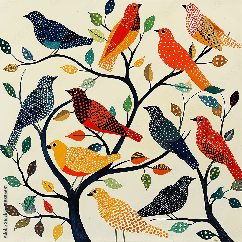 Brightly colored traditional Gond folk art from India of birds in a ...